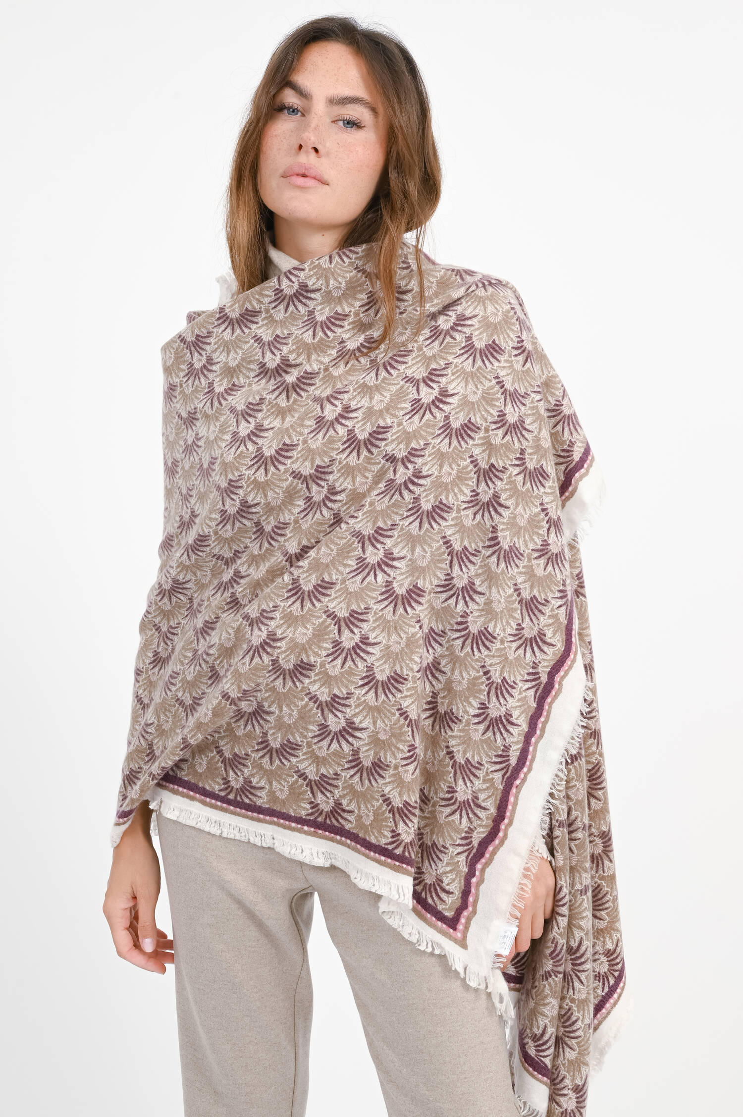 Cashmere-Woll-Schal NIB in Weiß/Bordeaux/Braun